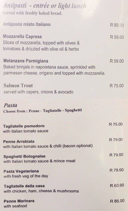 Menu at Cafe Allegro, Cape Town