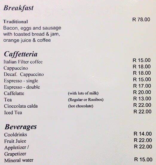 Menu at Cafe Allegro, Cape Town