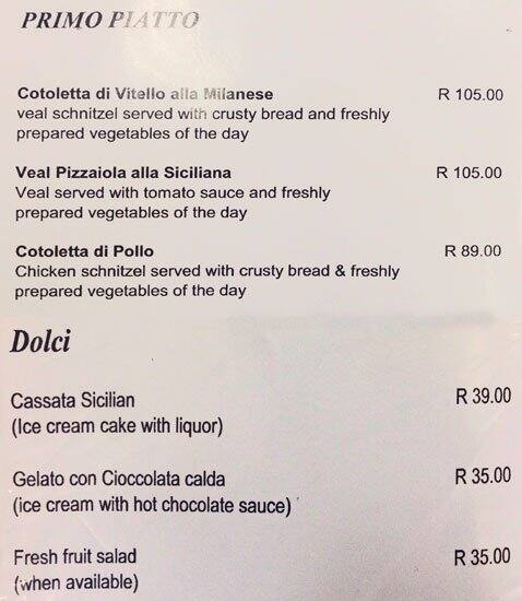 Menu at Cafe Allegro, Cape Town