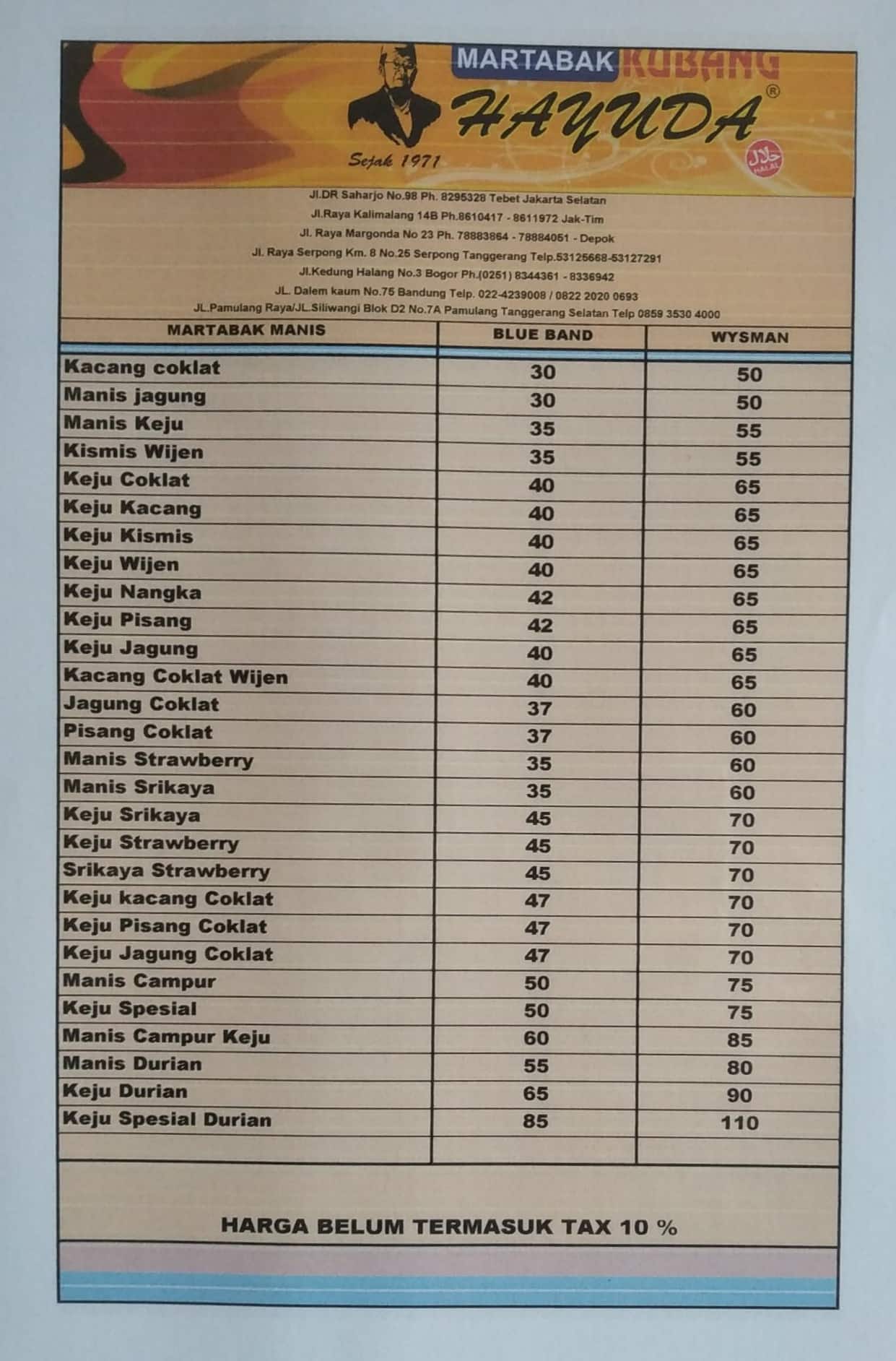 Menu at Martabak Kubang restaurant, Jakarta, Jl. Kalimalang 14B