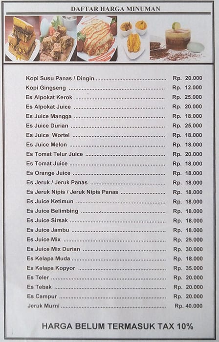 Menu at Martabak Kubang restaurant, Jakarta, Jl. Kalimalang 14B