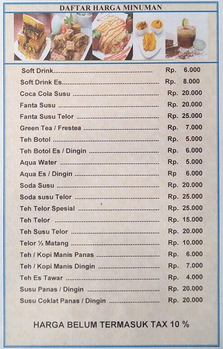 Menu at Martabak Kubang restaurant, Jakarta, Jl. Kalimalang 14B