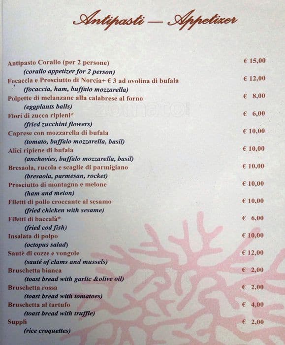 Menu da Il Corallo pizzeria, Roma, Via del Corallo