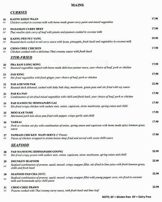 Menu at Amarin Thai Restaurant, North Adelaide