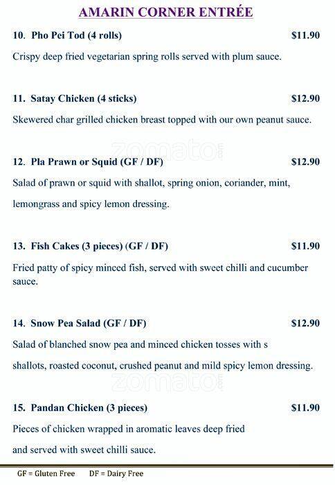 Menu at Amarin Thai Restaurant, North Adelaide