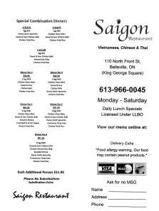 Menu at Saigon Restaurant, Belleville
