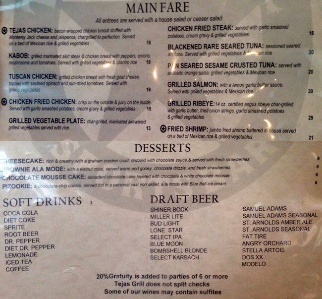 Menu at Tejas Grill & Sports Bar, Houston