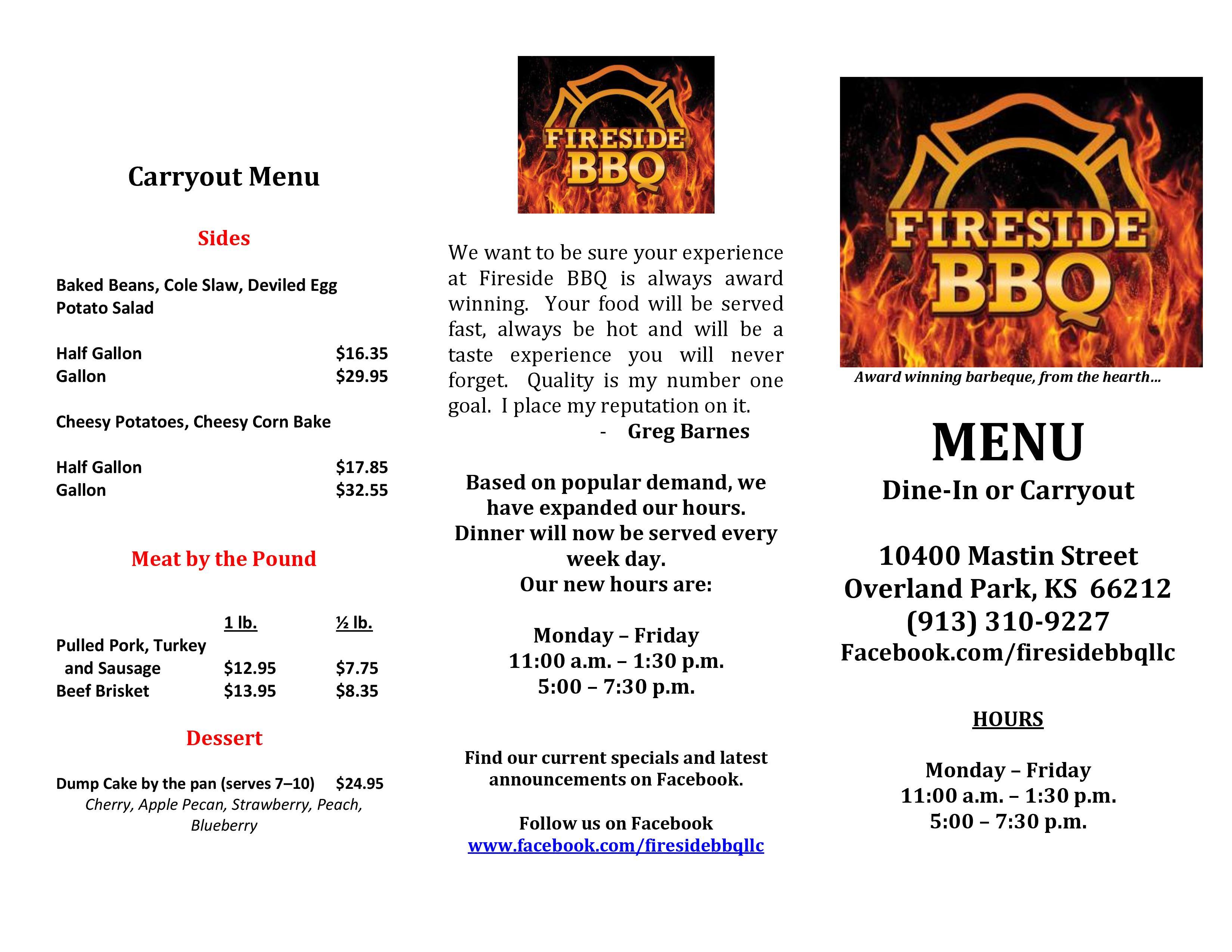 Menu at Fireside BBQ, Overland Park