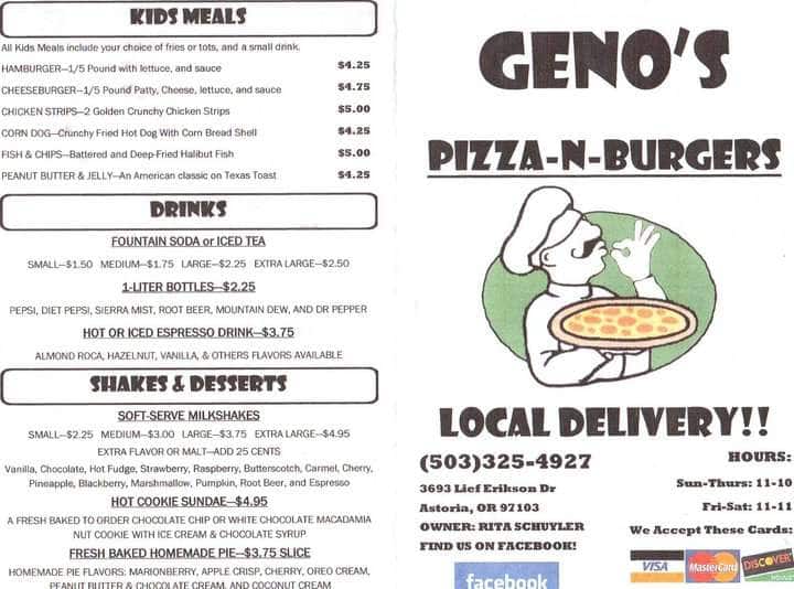Menu at Geno's Pizza and Burgers pizzeria, Astoria