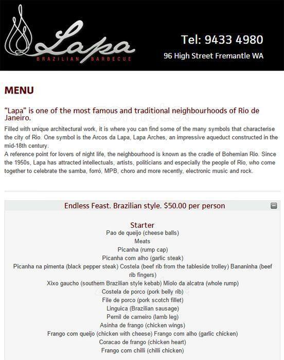 Lapa Brazilian BBQ a Perth: Foto del Menu con Prezzi - Urbanspoon/Zomato