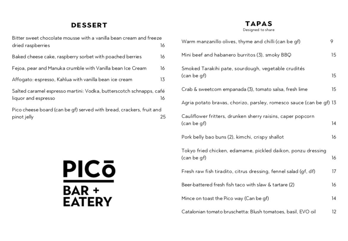 Menu at Pico Bar & Eatery, Wellington