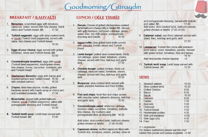 Menu at Constantinople Cafe & Restaurant, Auckland