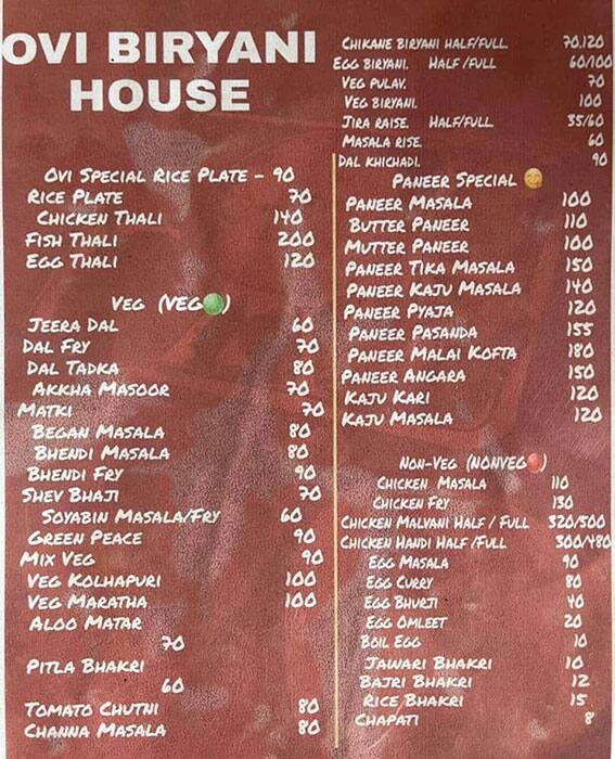 Menu of Ovi Biryani House, Talegaon, Pune