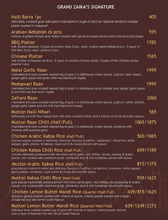 Menu of Grand Zaika Restaurant & Takeaway, Marol, Mumbai