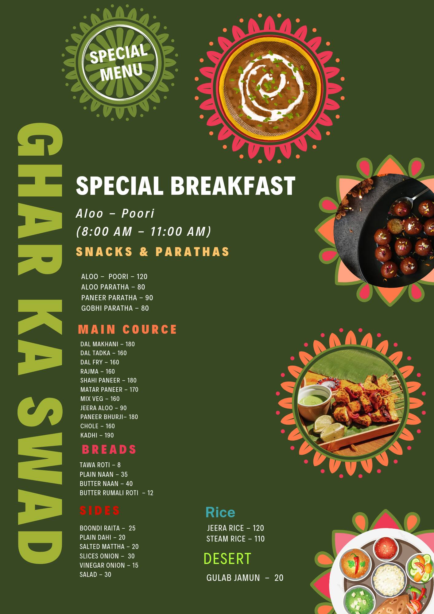 Menu of Ghar Ka Swad, Mohan Puri, Meerut