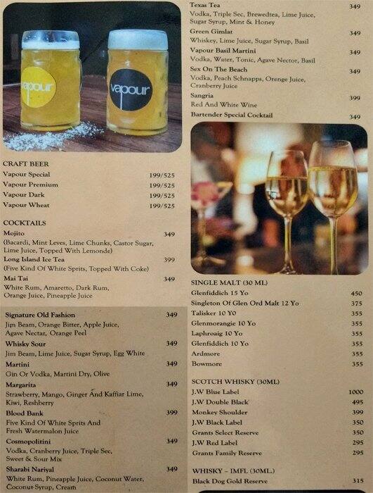Menu at Vapour Pub & Brewery, Gurugram, Second Floor