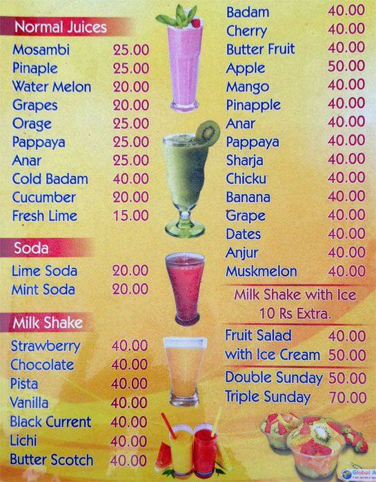 Menu at Poppins, Mysuru