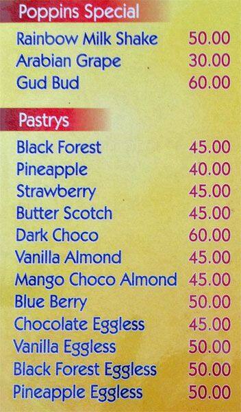 Menu at Poppins, Mysuru