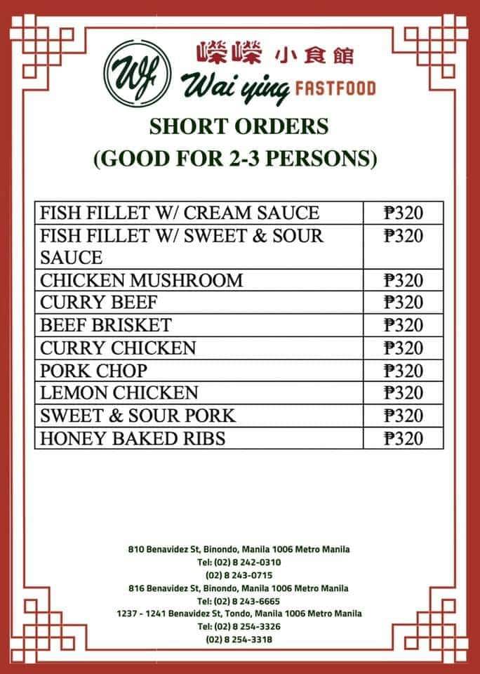 Menu at Wai Ying Fast Food, Manila, 1241 Benavidez St