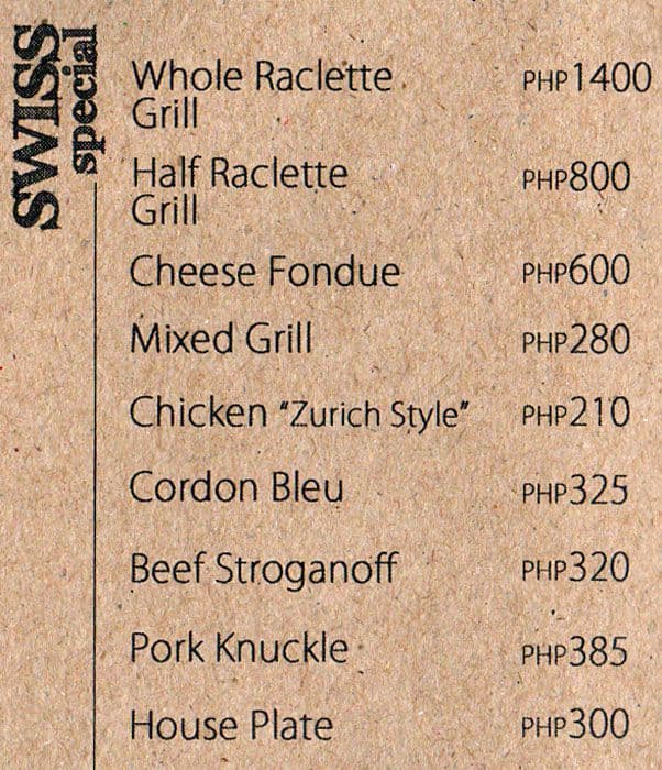 Menu at Swiss Deli, Parañaque