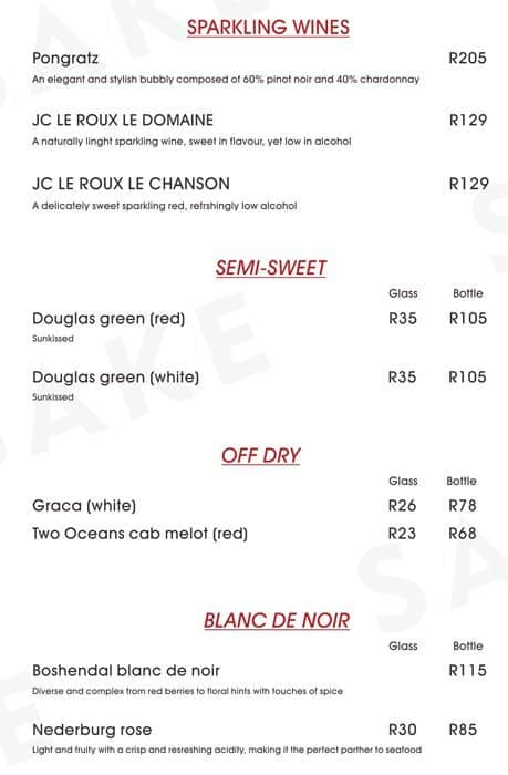 Menu at Sake Sushi restaurant, Cape Town, Sable Square