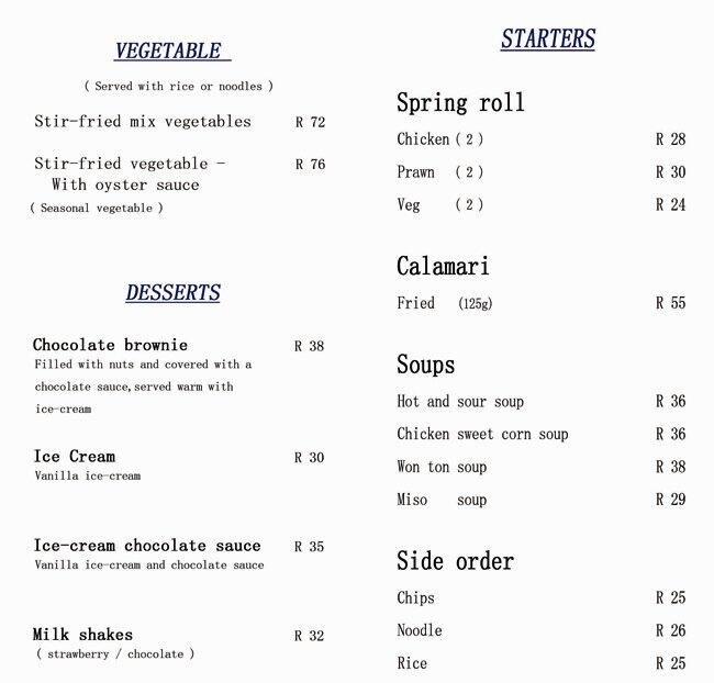 Menu at Sake Sushi restaurant, Cape Town, Sable Square