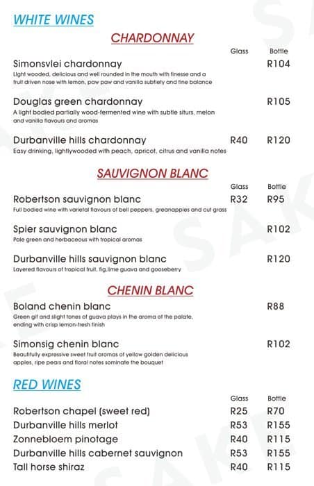 Menu at Sake Sushi restaurant, Cape Town, Sable Square