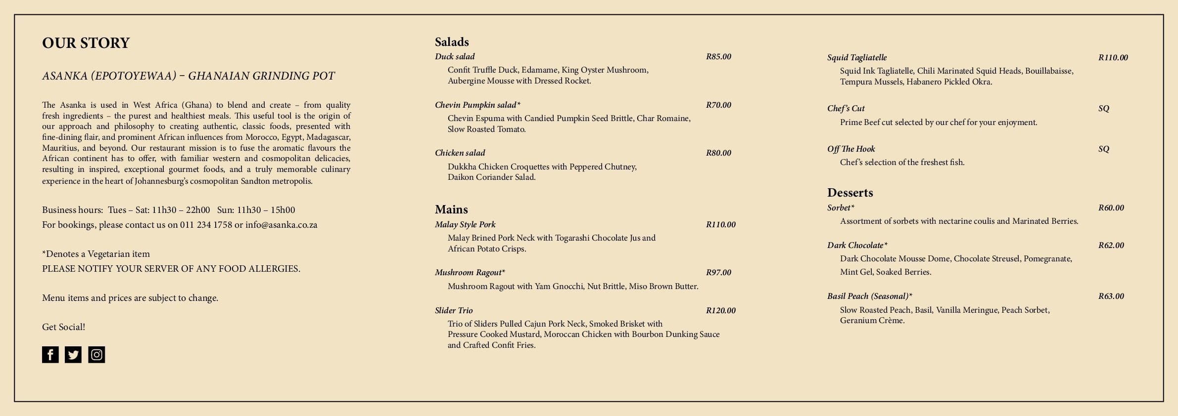 Menu at Asanka restaurant, Midrand, Cnr and