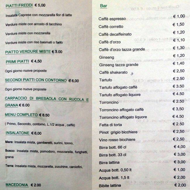 Menu at emerald cafe, Milan