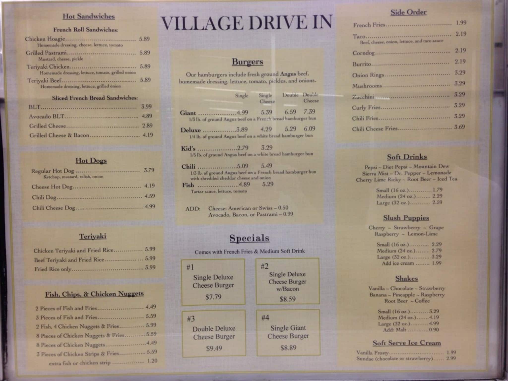 Menu at Village Drive-in fast food, Sacramento