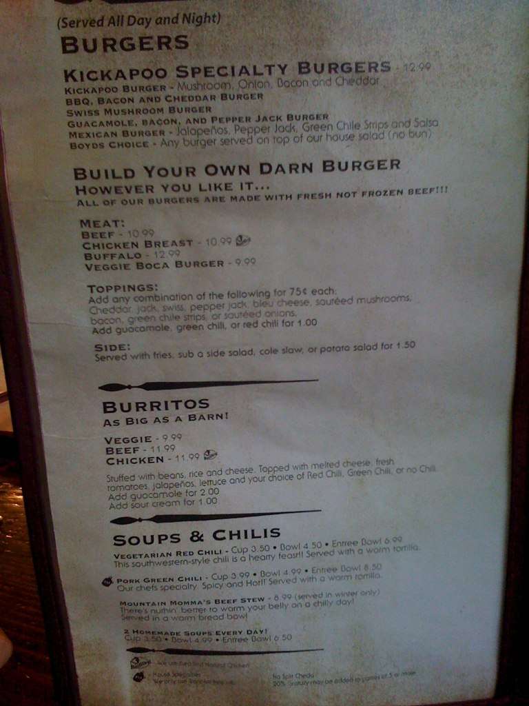 Menu at Kickapoo Tavern restaurant, Keystone