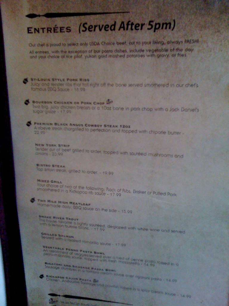 Menu at Kickapoo Tavern restaurant, Keystone