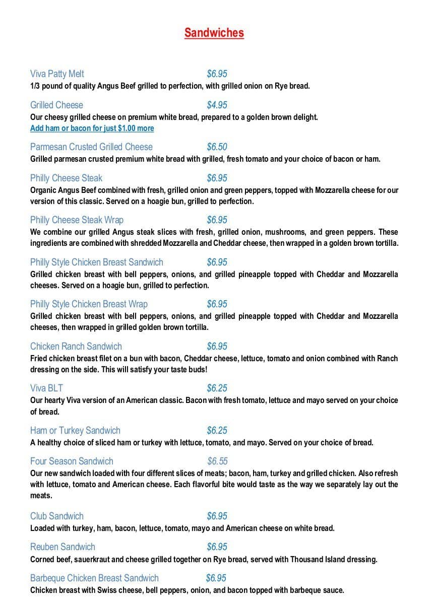 Menu at Viva Cafe, Tallahassee