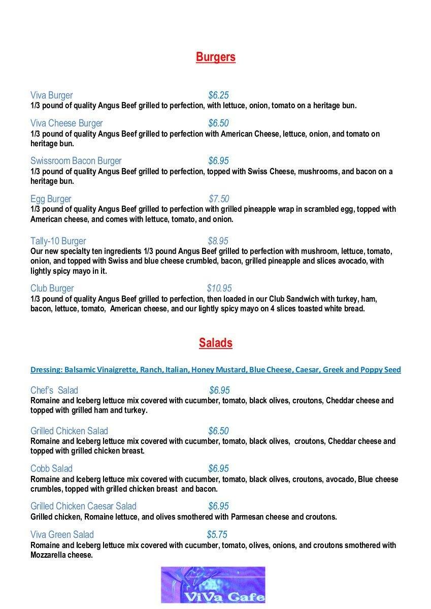 Menu at Viva Cafe, Tallahassee