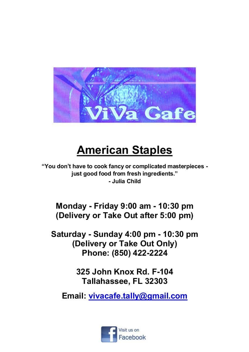 Menu at Viva Cafe, Tallahassee