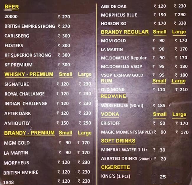 Menu of Classy Bar, Cantonment, Trichy