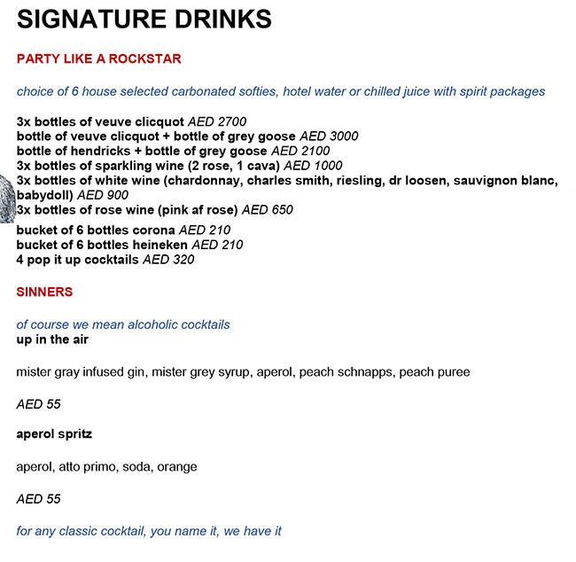 Menu at Orange Feels Bar - Hotel Indigo Dubai Downtown, Dubai