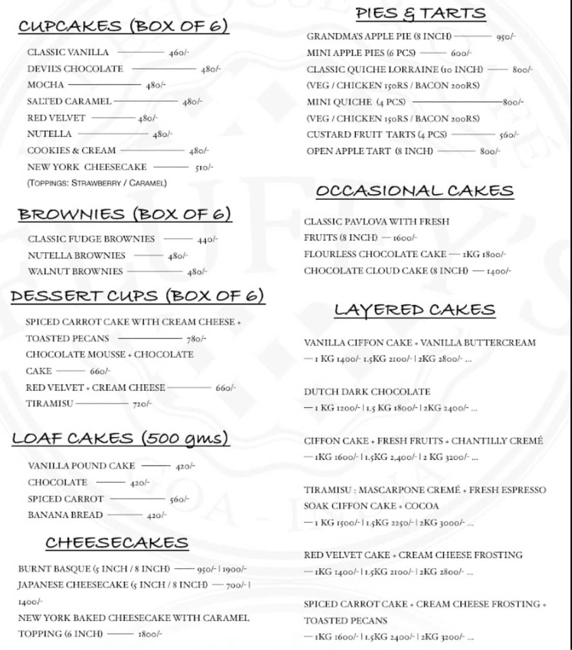 Menu of Fluffy's Bakehouse & Café, Moira, Goa