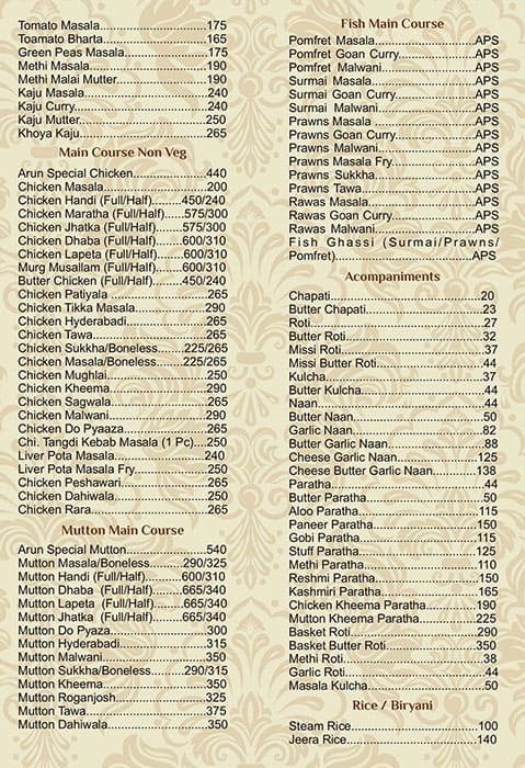 Menu at Arun Restaurant & Bar, Navi Mumbai, Shop 1/2