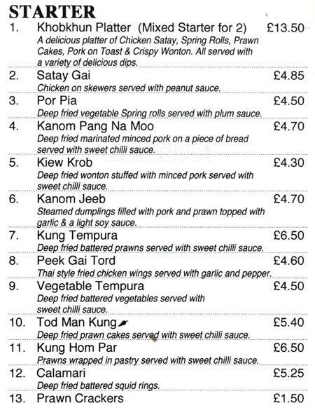 Menu at Khobkhun Thai Cuisine restaurant, London