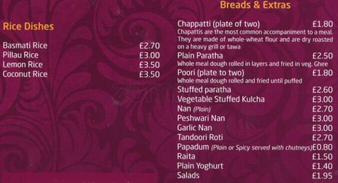 Menu at Chutneys restaurant, London, 124 Drummond St