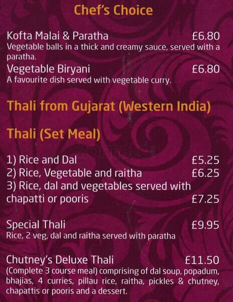 Menu at Chutneys restaurant, London, 124 Drummond St