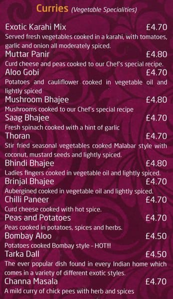 Menu at Chutneys restaurant, London, 124 Drummond St