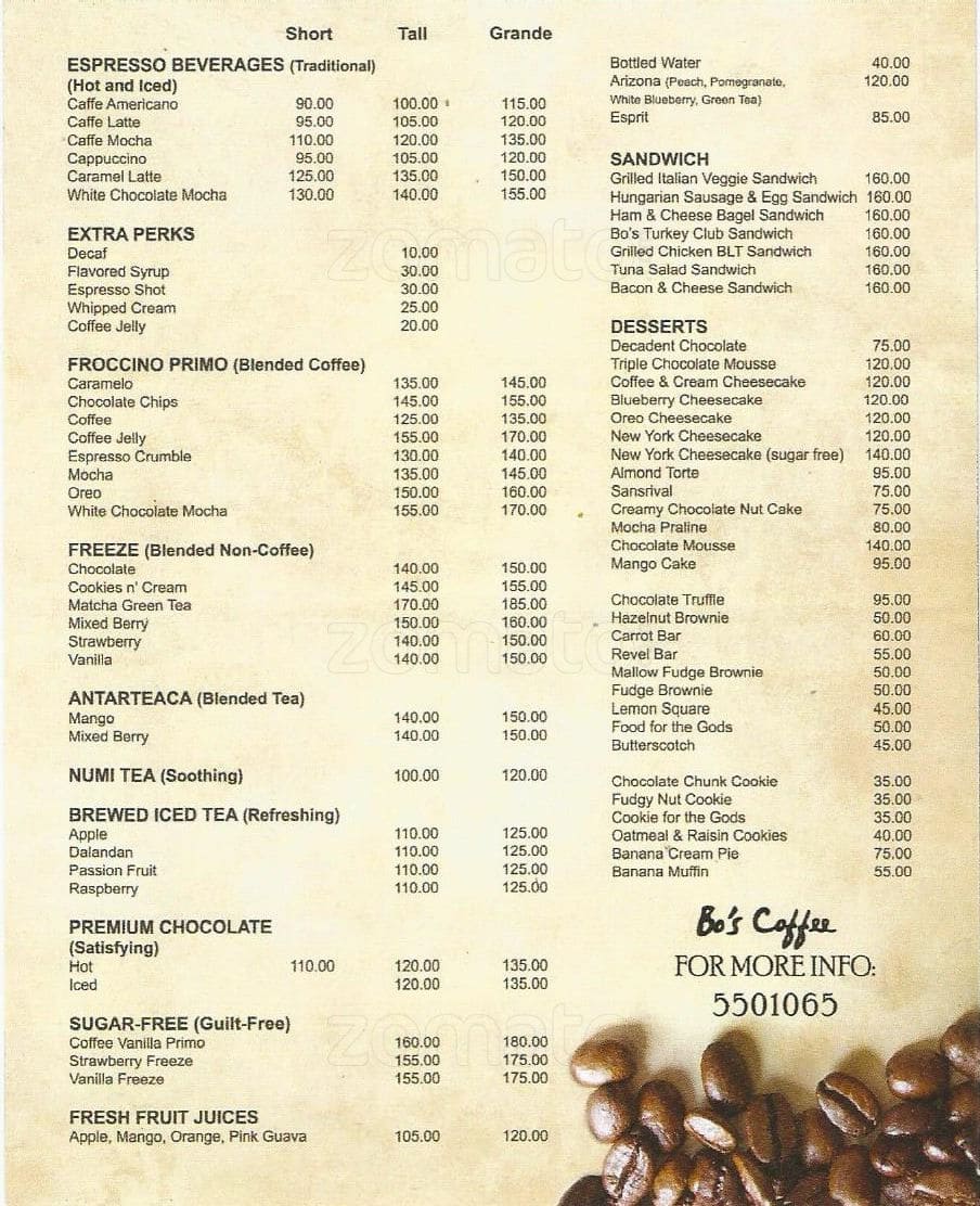 Menu at Bo's Coffee Club, Quezon City, V-Mall