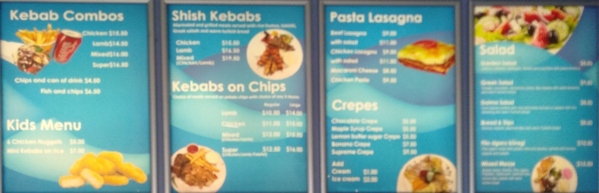 Menu at Roadside Kebab restaurant, Auckland, 250