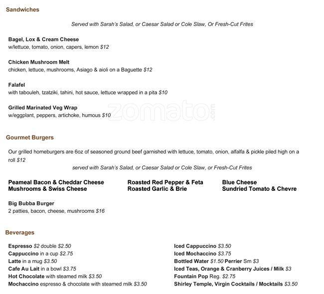 Menu at Sarah's Café & Bar, Toronto