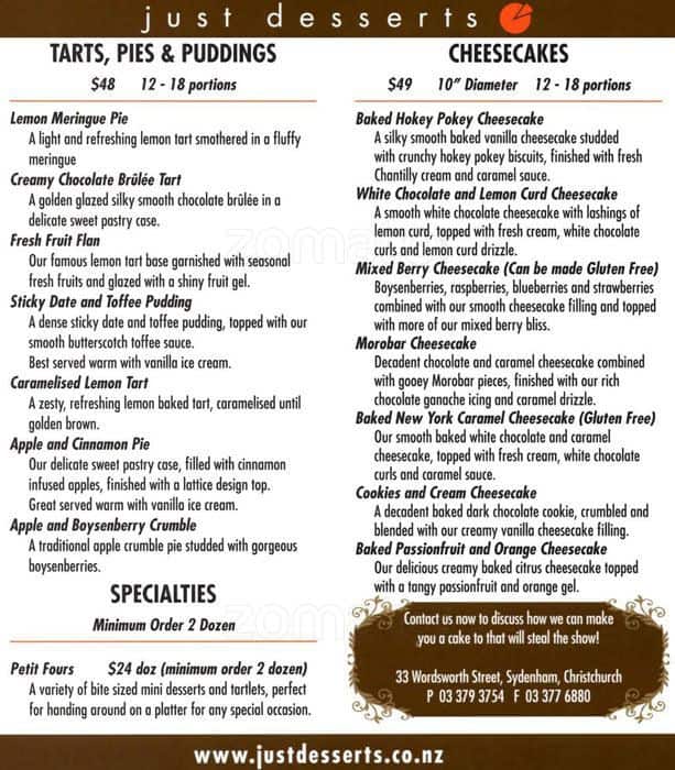 Menu at Just Desserts, Christchurch