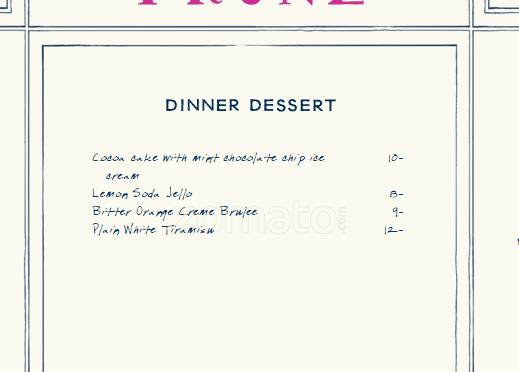 Menu at Prune restaurant, New York City, 54 E 1st St