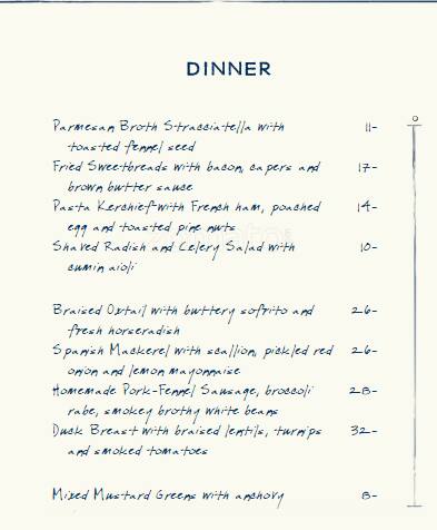 Menu at Prune restaurant, New York City, 54 E 1st St