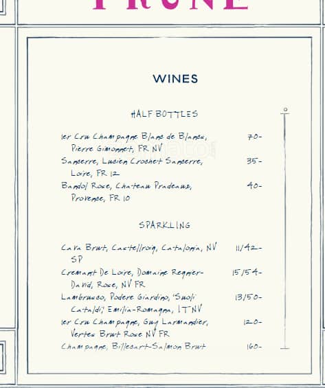 Menu at Prune restaurant, New York City, 54 E 1st St